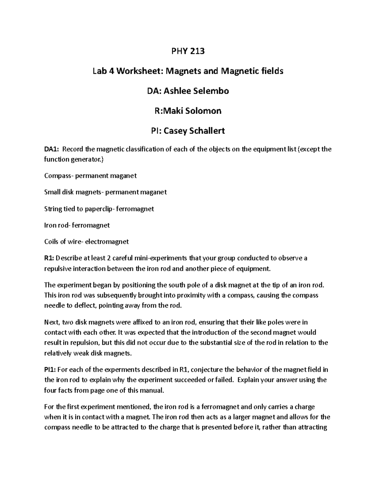 PHY 213 Lab 4 Worksheet: Exploring Magnets and Magnetic Fields - Studocu