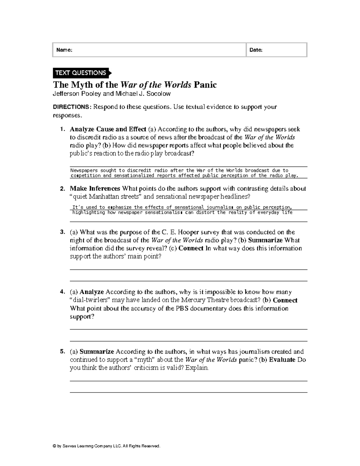 Annotated Questions on "The Myth of the War of the Worlds Panic" (PDF ...
