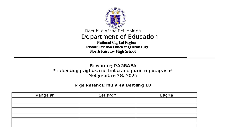 Attendance for Buwan ng Pagbasa - North Fairview HS - Studocu