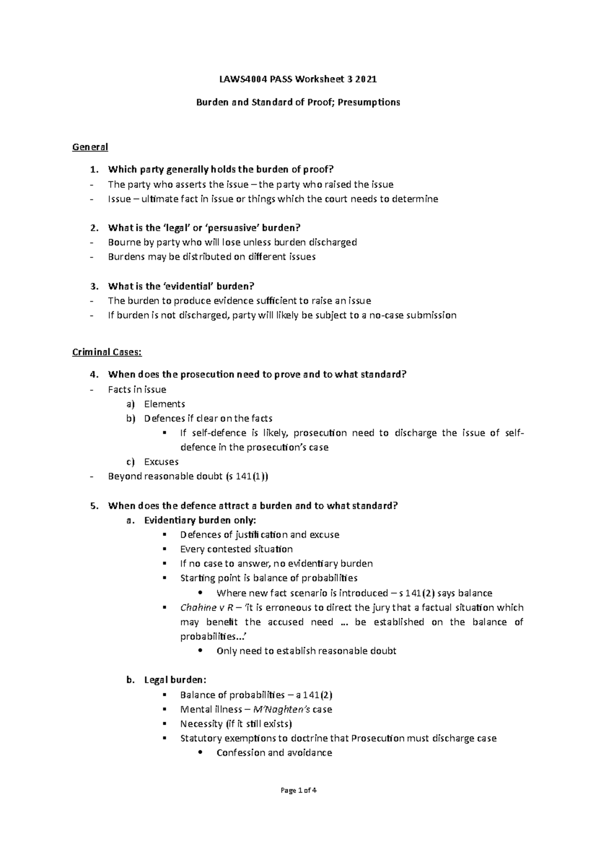 Evidence PASS wk 3 - LAWS4004 PASS Worksheet 3 2021 Burden and Standard ...