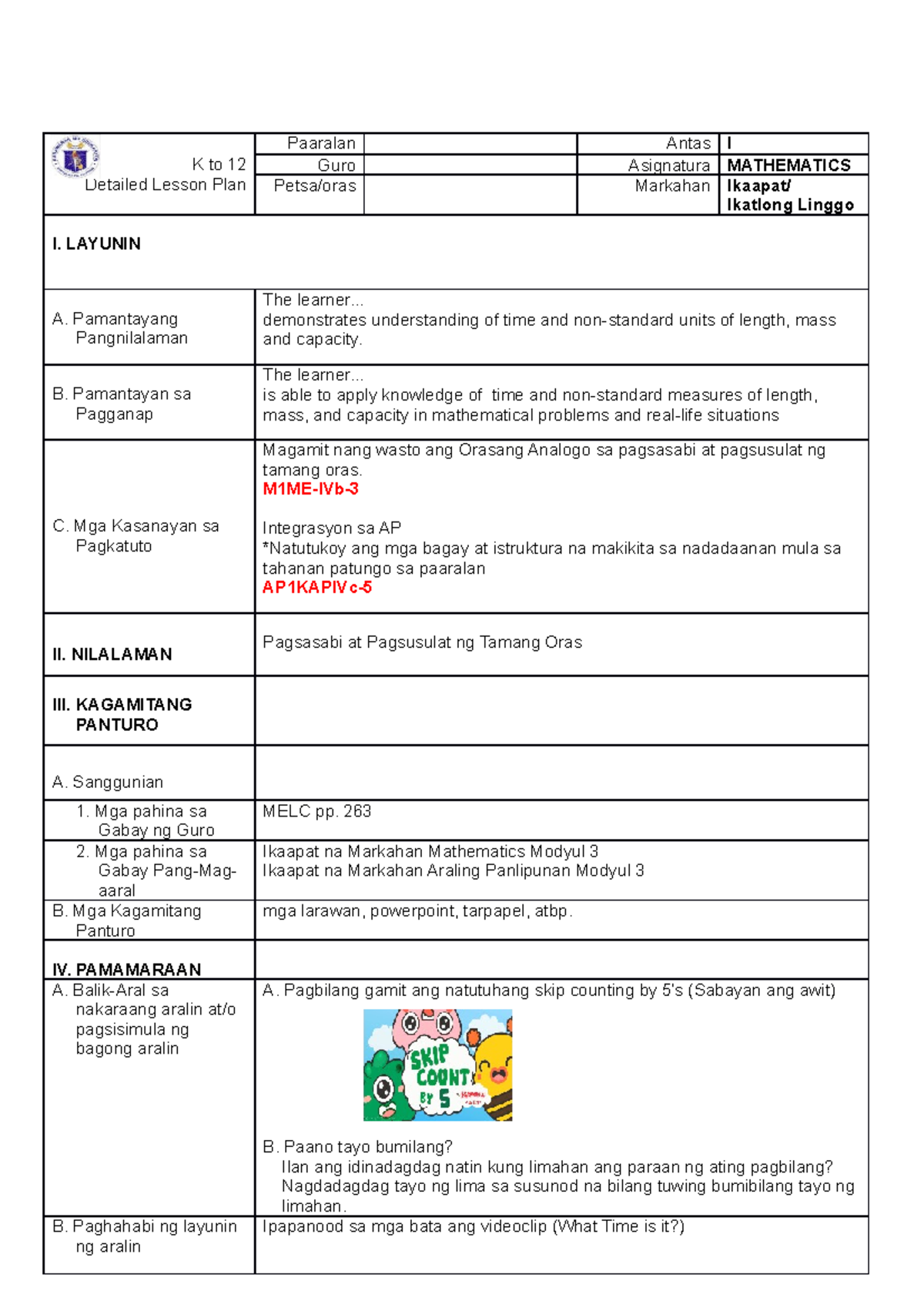 Q4 DLL Math: Paggamit ng Orasan sa Pagsasabi ng Tamang Oras - Studocu
