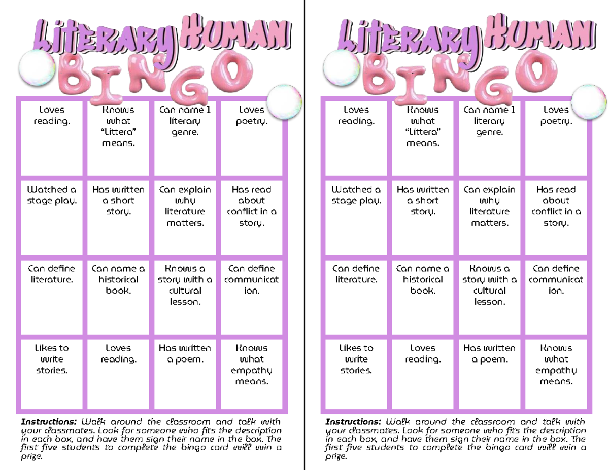 Bingo Activity for Literature: Aarael 3 - Studocu