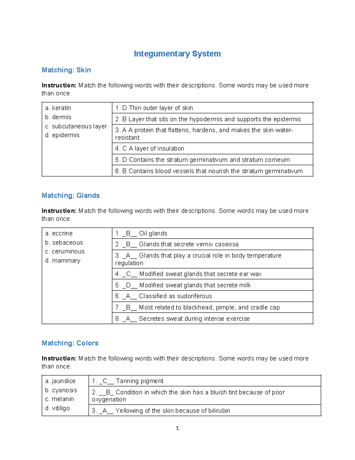 AHP106 Wk2 DONE - Worksheet - Integumentary System Matching: Skin ...