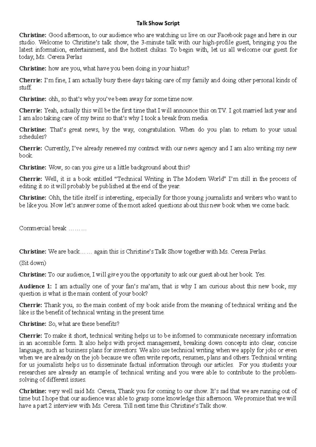 Talk show - for educational purpose only - Talk Show Script Christine ...