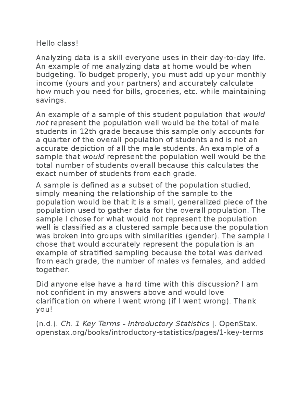 Module 1 Discussion 1: Analyzing Data & Sampling Techniques in Stats ...