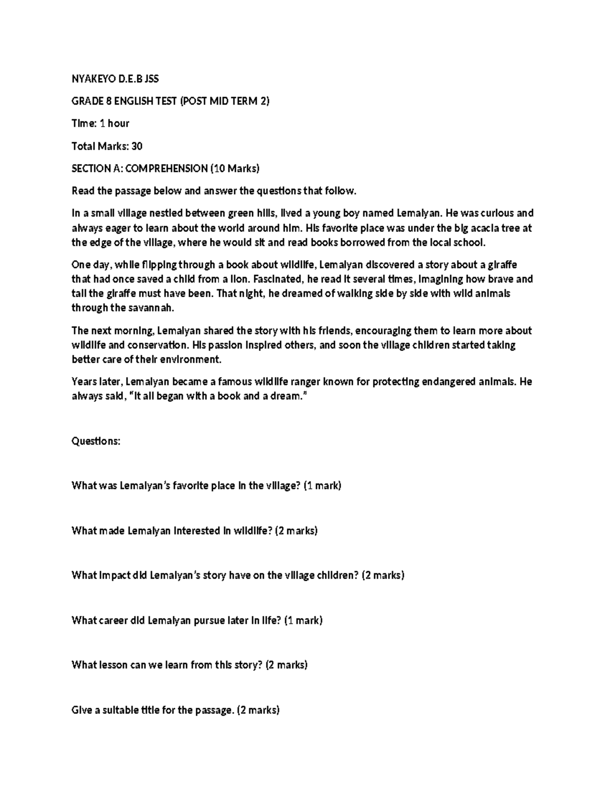 NYAKEYO D.E.B JSS GRADE 8 ENGLISH TEST (POST MID TERM 2) - Studocu
