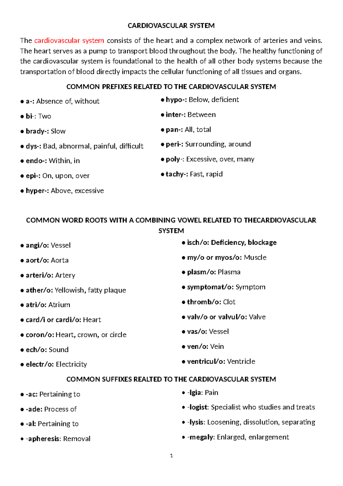 CARDIOVASCULAR SYSTEM: Key Concepts and Terminology Overview - Studocu
