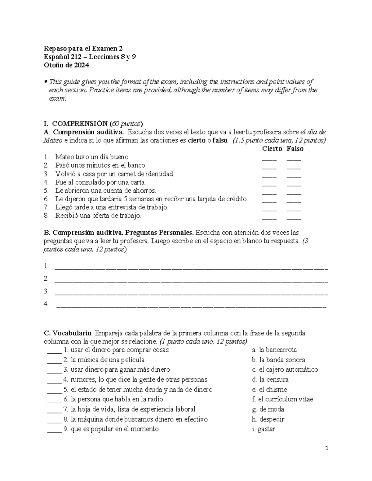 Repaso para el Examen 2 de Español 212 - Lecciones 8 y 9 FA24 - Studocu
