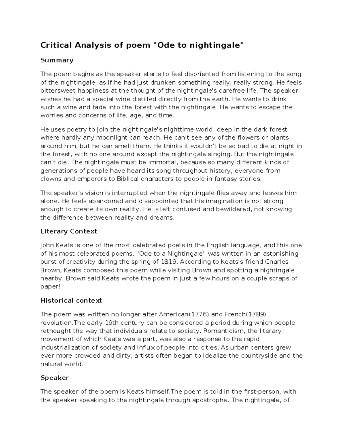 Critical Analysis of poem ode to nightingale by kaavish - Critical ...