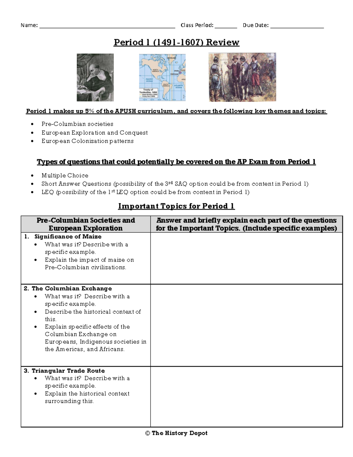 APUSH Period 1 Exam Review Handout: Key Themes & Topics - Studocu
