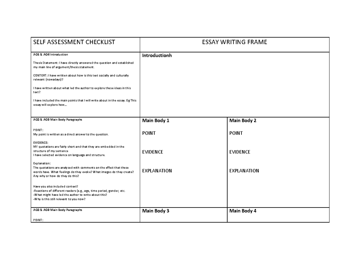 Essay Writing Framework: Self Assessment Checklist AO1 AO4 - Studocu