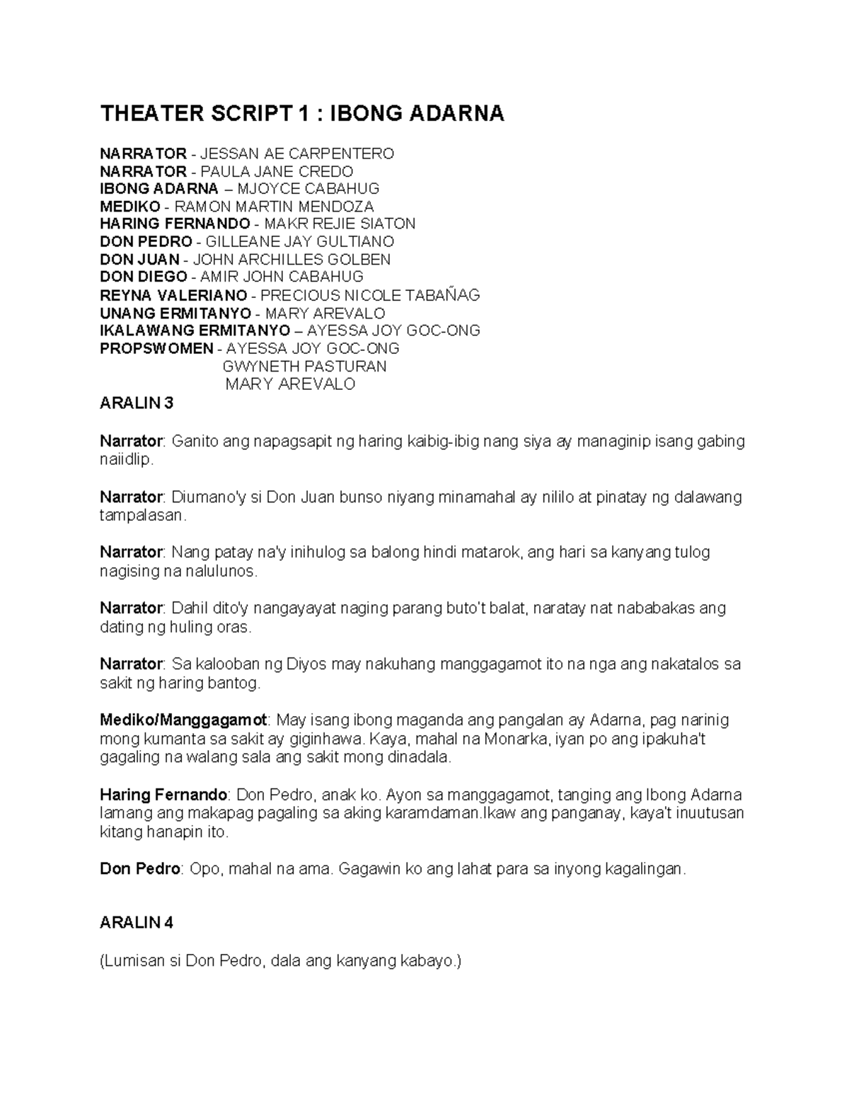 THEATER SCRIPT: IBONG ADARNA - NARRATION AND SCENES - Studocu