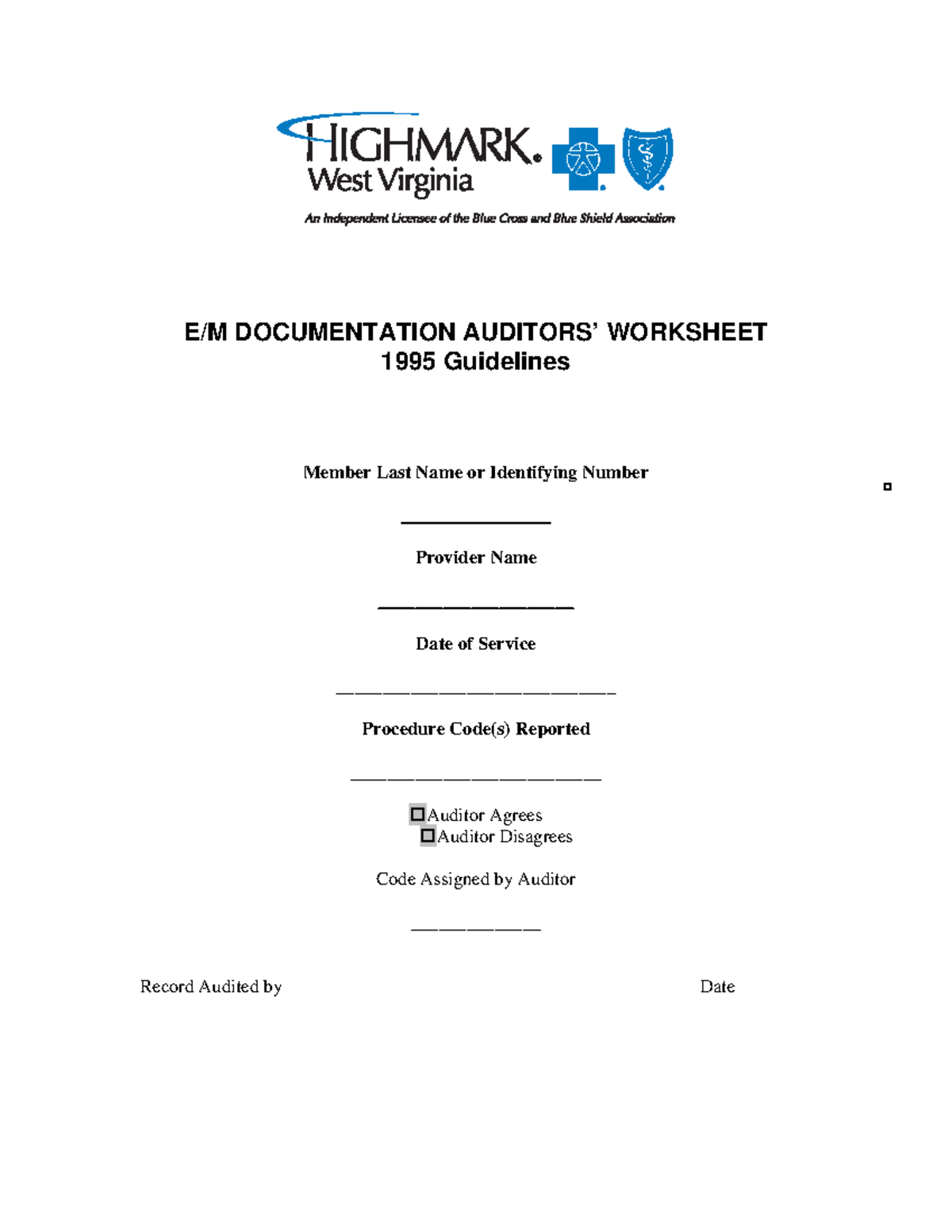 E/M Audit Worksheet: 1995 Documentation Guidelines for Providers - Studocu