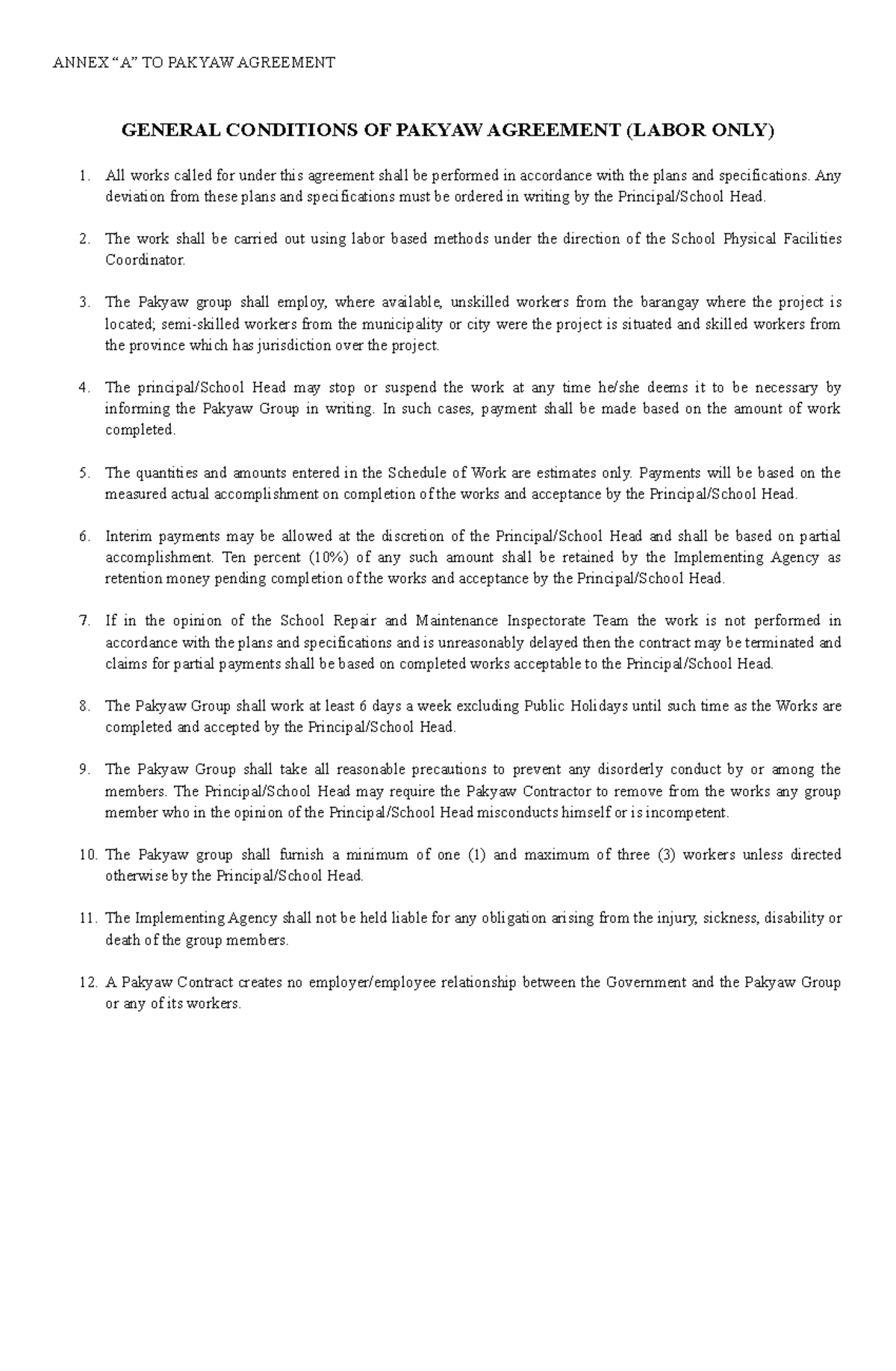 Pakyaw Agreement Annex A: General Conditions of Labor Works - Studocu
