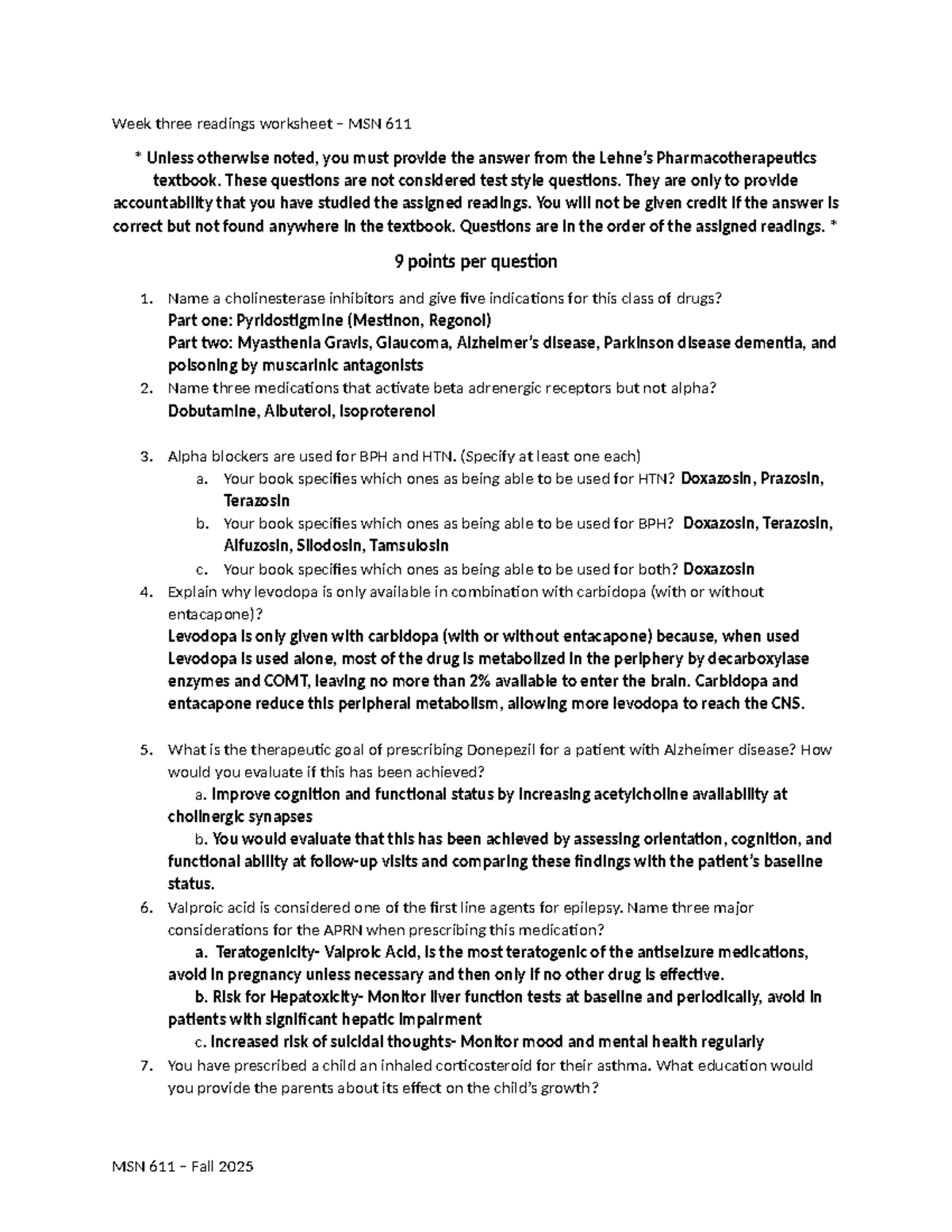 MSN 611 Week 3 Readings Worksheet – Pharmacotherapeutics Insights - Studocu