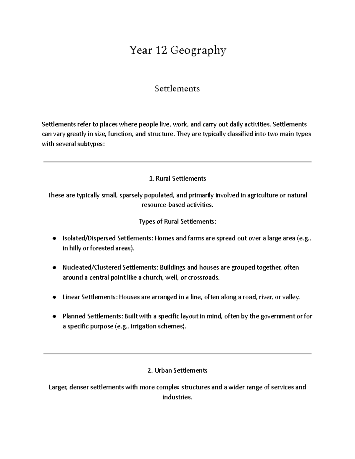 Year 12 Geography: Understanding Settlements and Their Types - Studocu