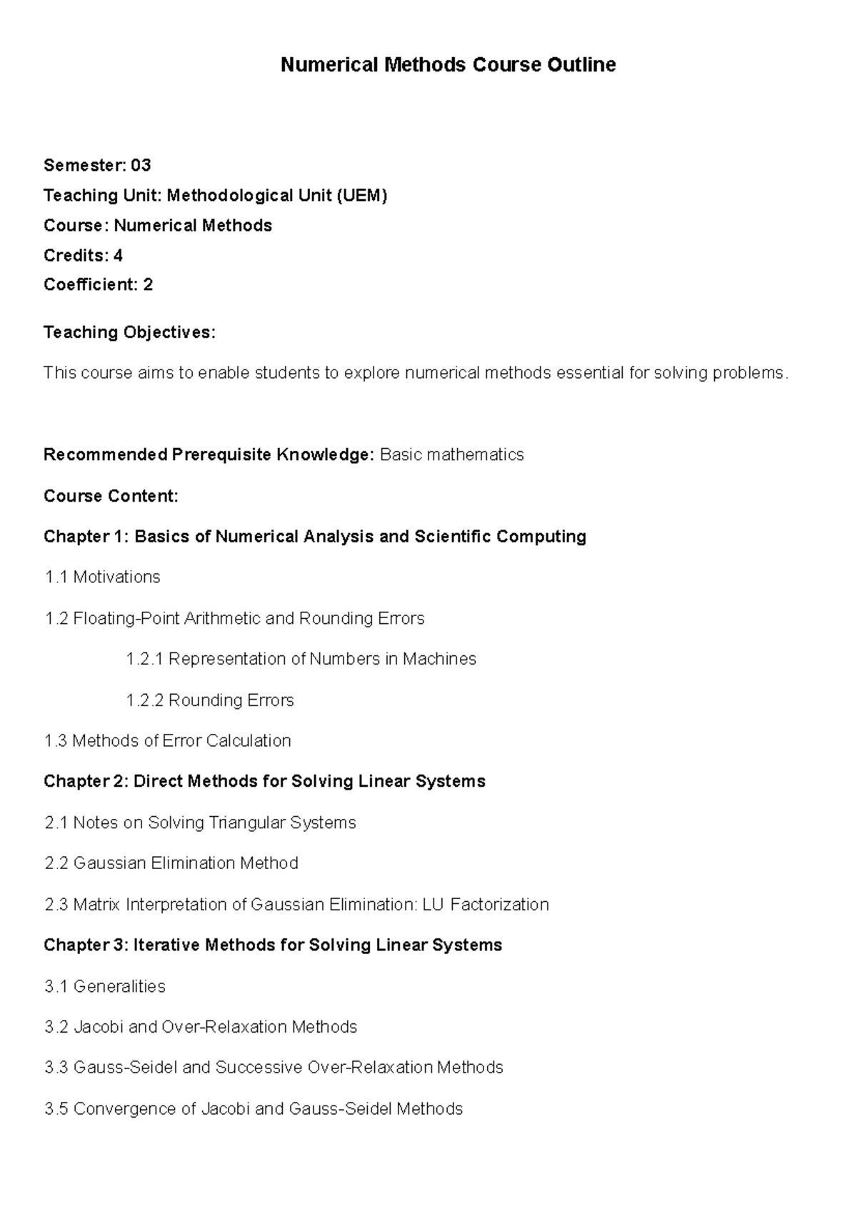 Numerical Methods Course Outline (Semester 03, 4 Credits) - Studocu