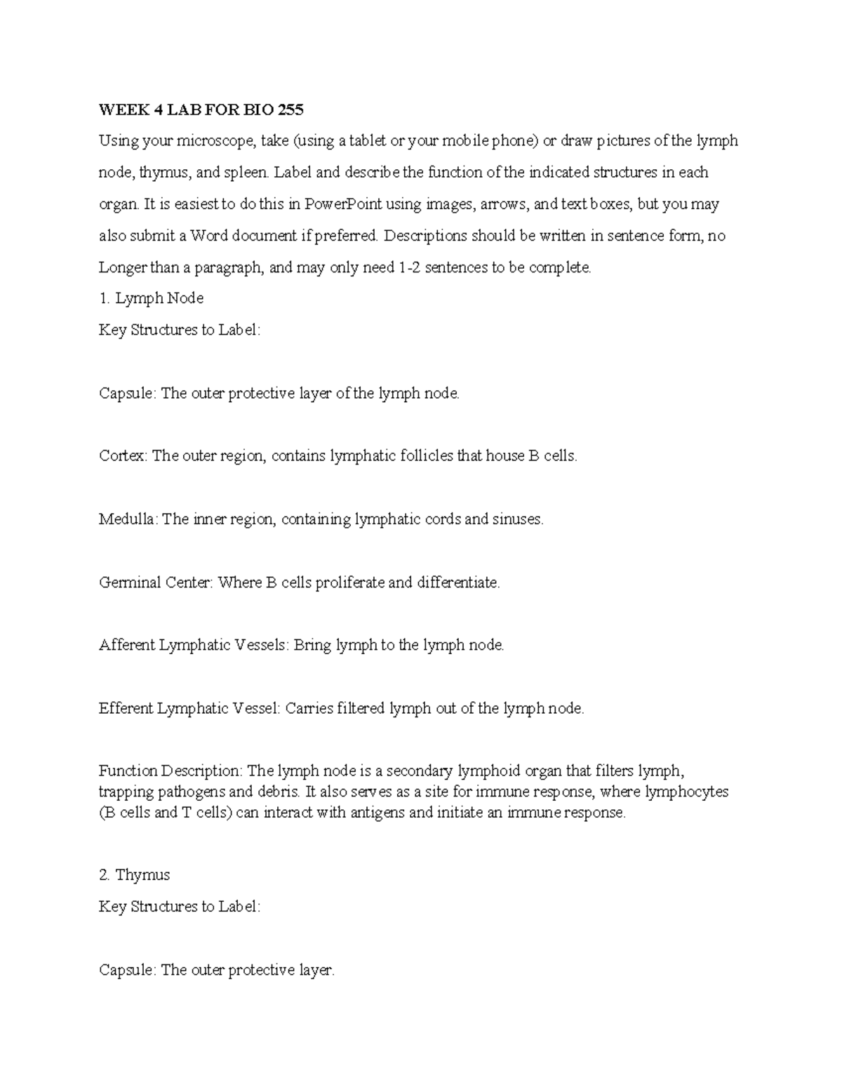 WEEK 4 LAB STUDY GUIDE FOR BIO 255 - LYMPHATIC SYSTEM STRUCTURES - Studocu