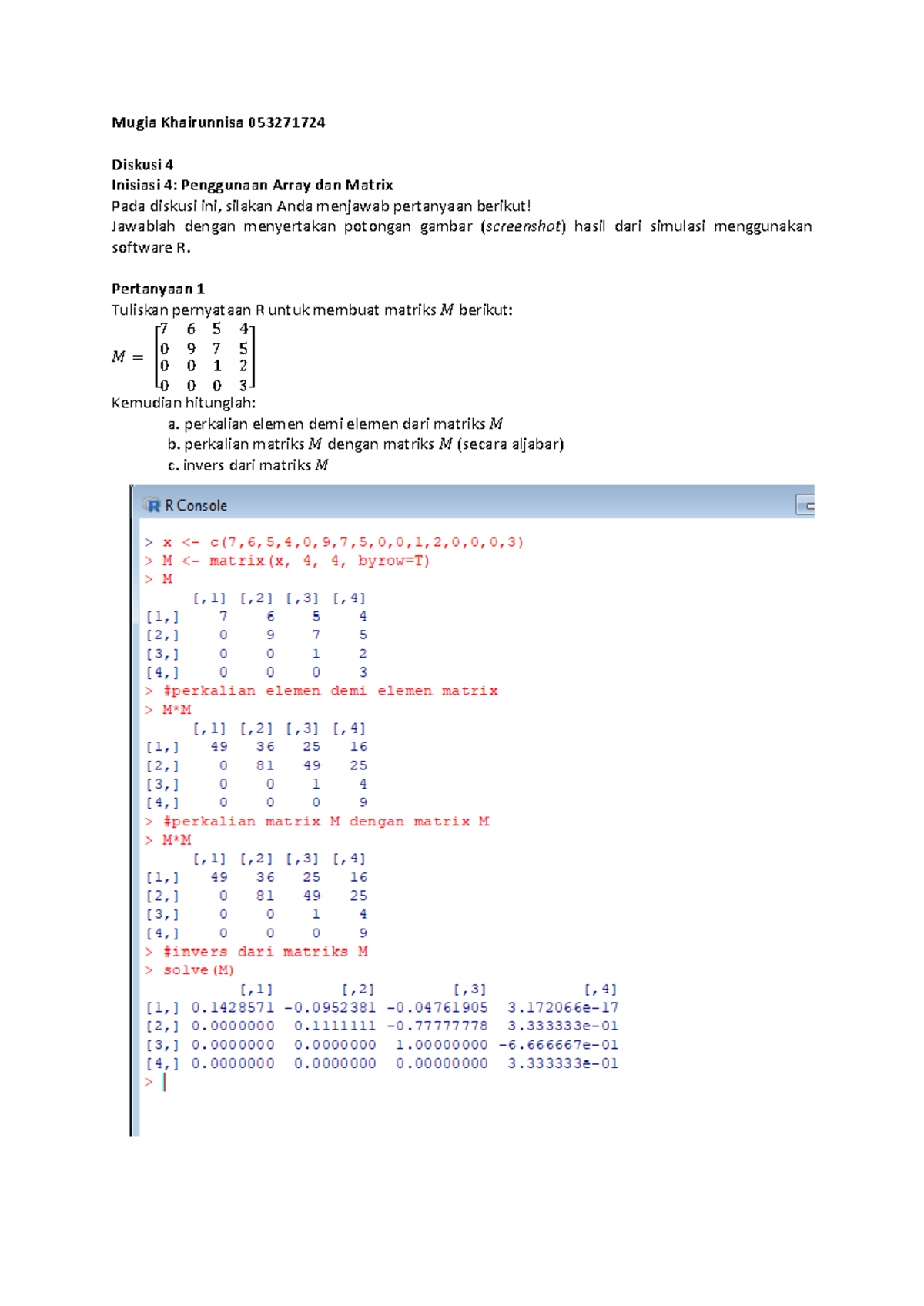 Tugas Komputer 1: Diskusi 4 - Penggunaan Array & Matrix - Studocu