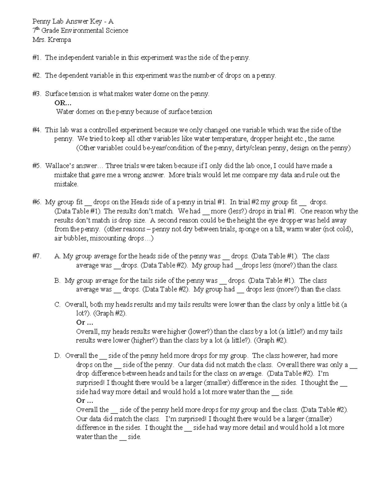 Penny Lab Answer Key - 7th Grade Env. Science Experiment - Studocu
