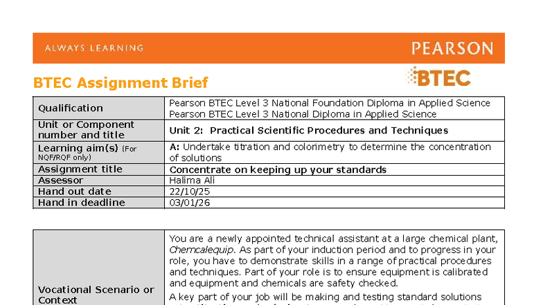 BTEC Level 3 Applied Science Unit 2: Titration & Colorimetry Report ...