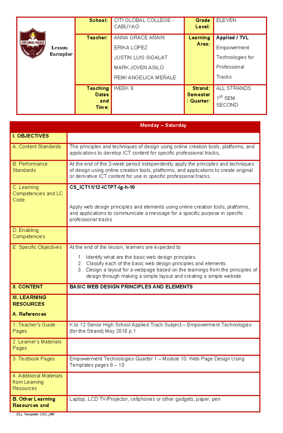 Grade 11 - Empowerment Technology - Week 9 - Lesson Plan on Web Design ...