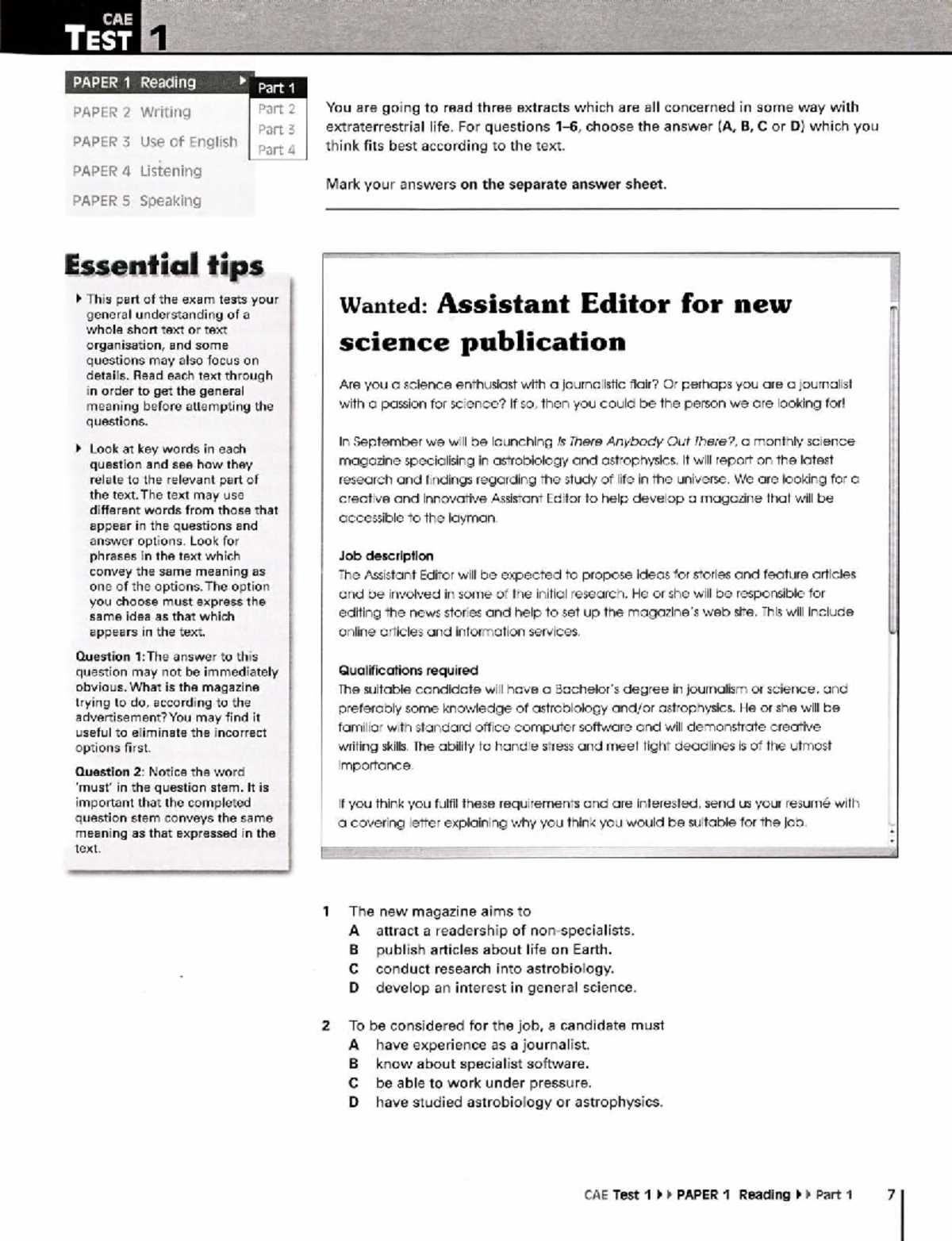 CAE 1 Test 1 Practice: Reading, Writing, and Listening Essentials - Studocu