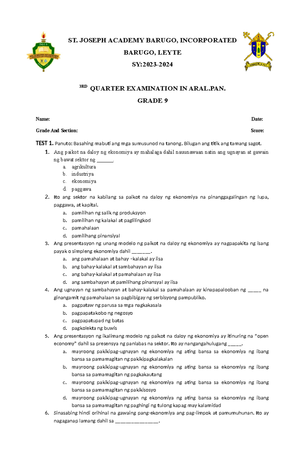 AP9 - Grade 9 3rd Quarter Exam: Understanding the Circular Flow of ...