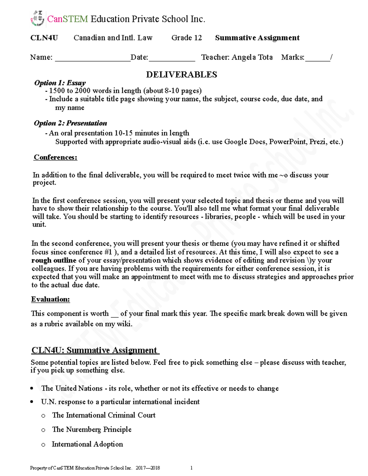 CLN4U Grade 12 Law Summative Assignment: Options & Topics Guide - Studocu