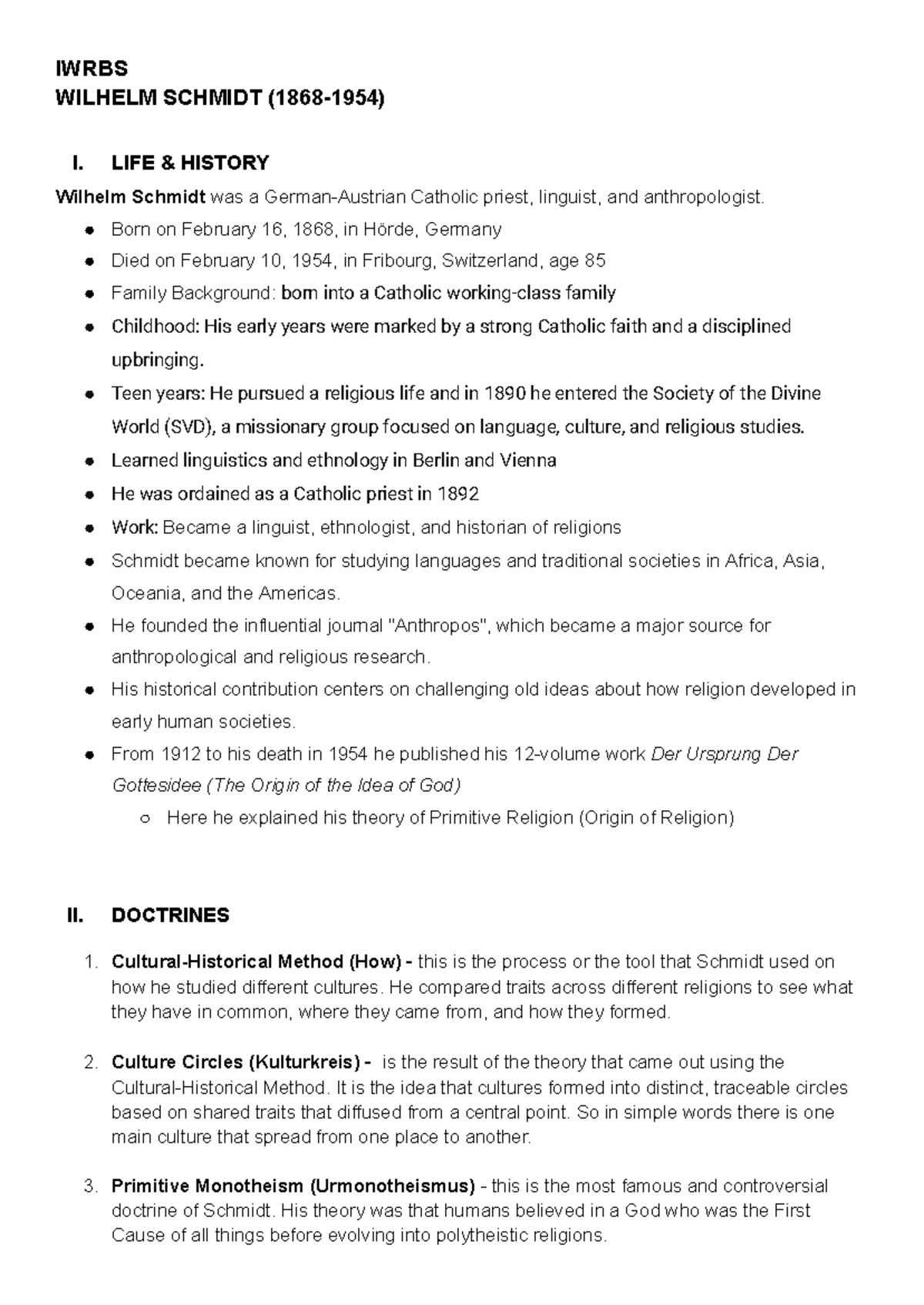 IWRBS WILHELM SCHMIDT: Life History and Theories of Religion - Studocu