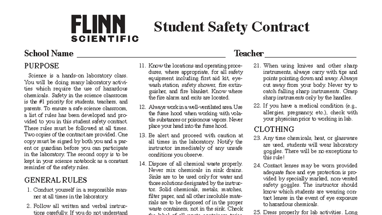 SCI 101: Flinn Lab Safety Contract for Students - Studocu