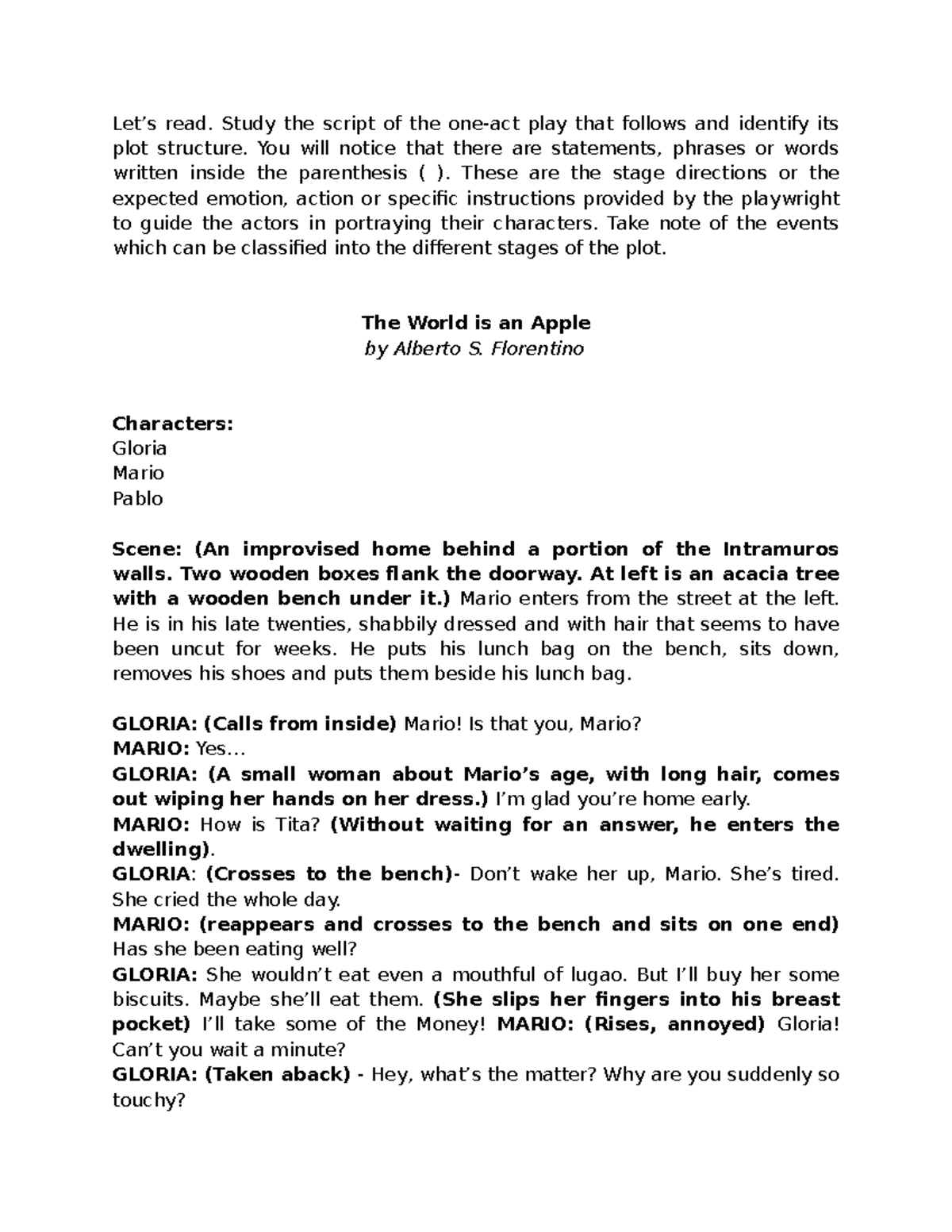 Dahl - ACTIVITY: Analyzing the Plot Structure of "The World is an Apple ...