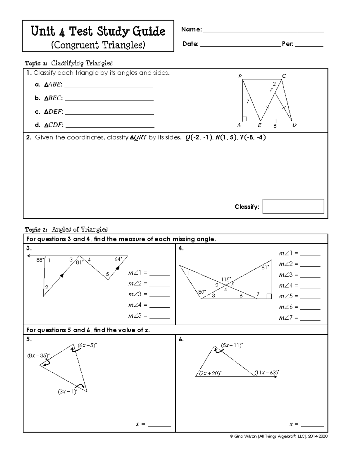 Unit 4 Test Study Guide: Congruent Triangles & Angles - Studocu