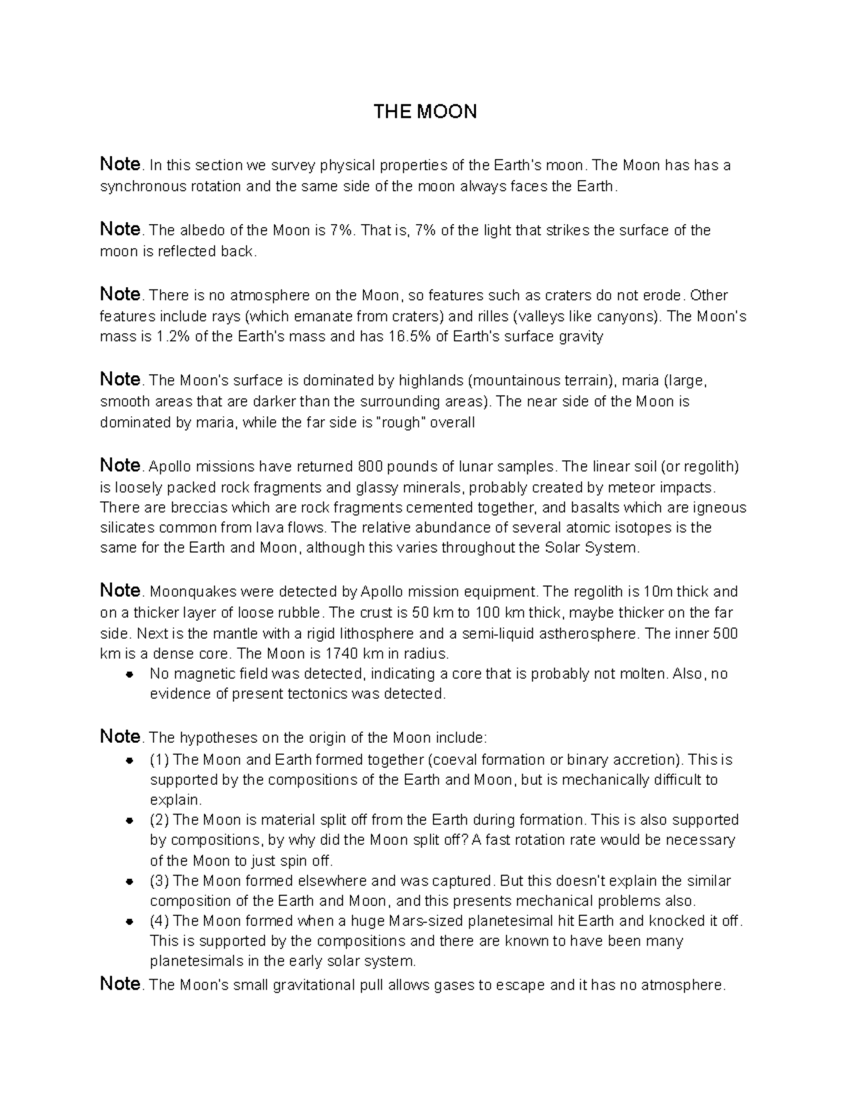 Astronomy Chapter 9 Notes The Moon - THE MOON Note. In this section we ...