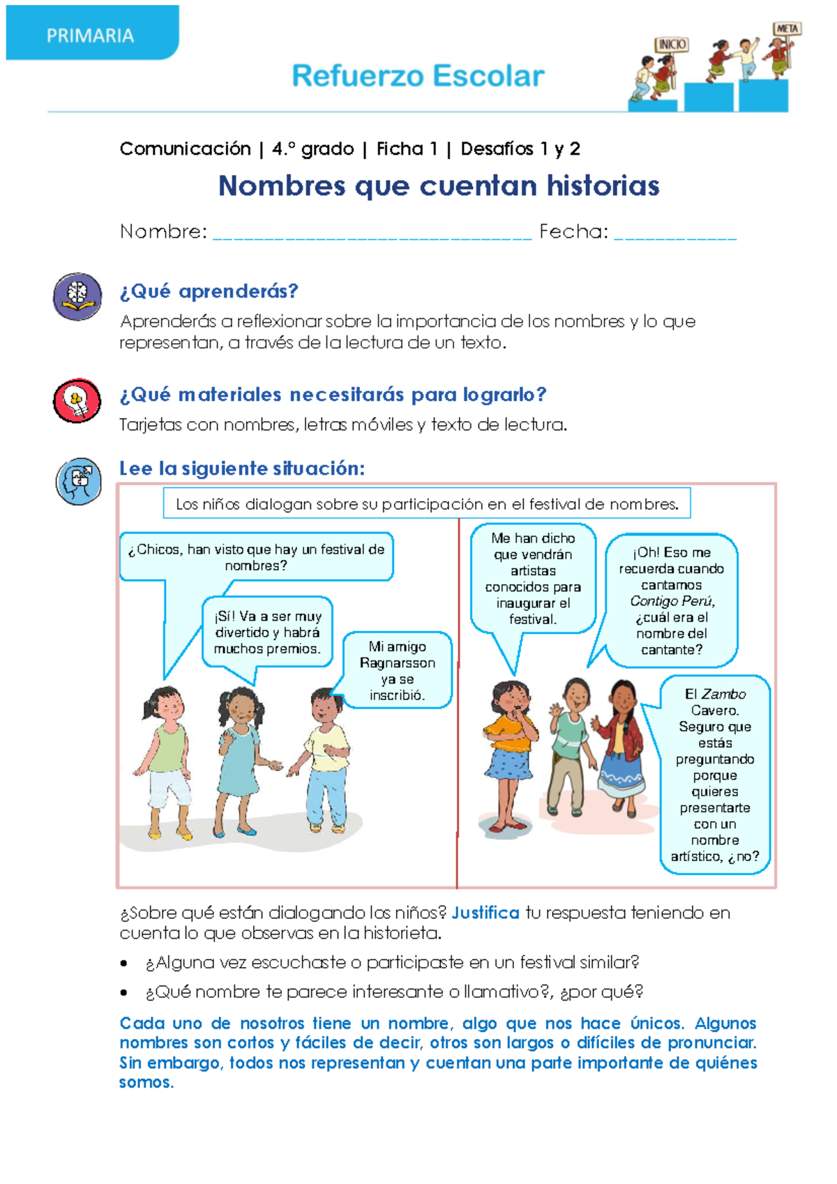 Comunicación Grado - Ficha 1: Desafíos sobre Nombres y sus Historias ...