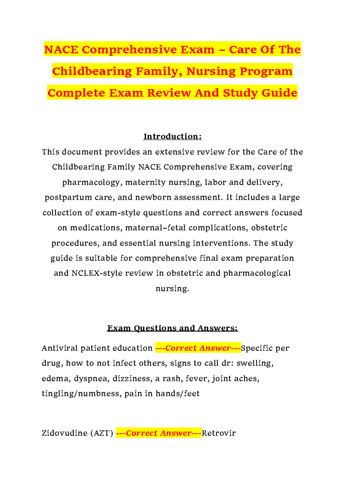 NACE Comprehensive Exam Review: Care of the Childbearing Family - Studocu
