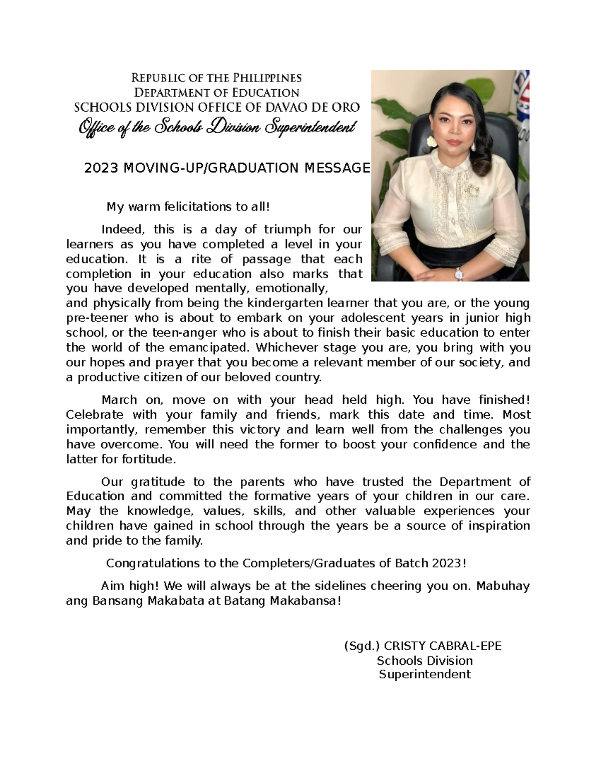 SDS 2023 Graduation Moving UP Message - 2023 MOVING-UP/GRADUATION ...