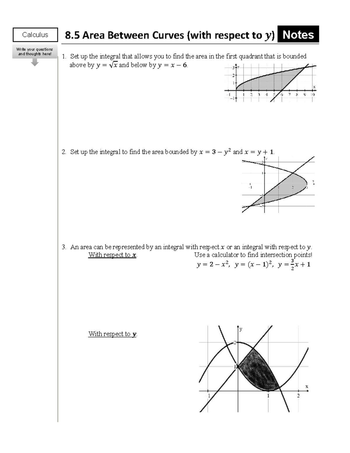 Calculus 8.5 Area Between Curves (w.r.t. 𝑦) Notes & Practice - Studocu