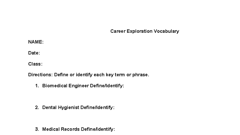 Career Exploration Vocabulary - Career Exploration Vocabulary NAME ...