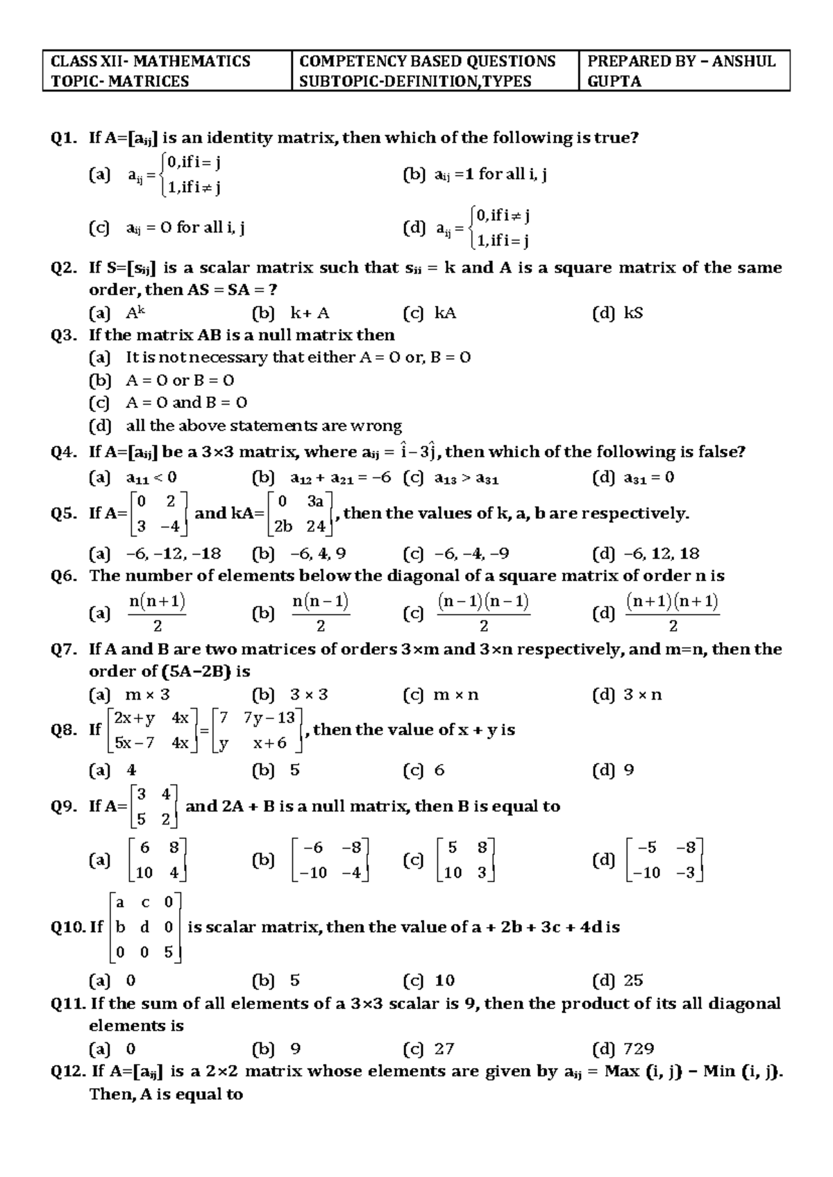 MATHEMATICS CLASS XII MATRIX COMPETENCY BASED QUESTIONS - Studocu
