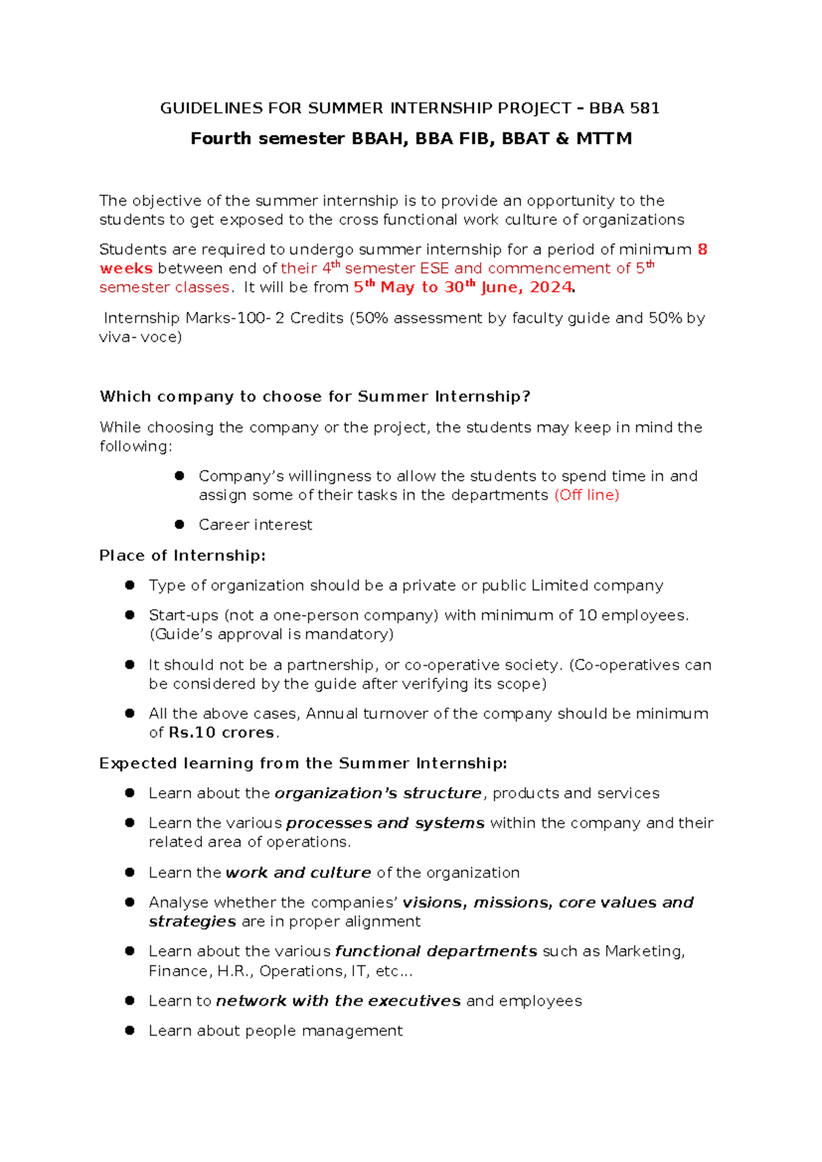 BBA 581 Summer Internship Project Guidelines for 2024 - Studocu