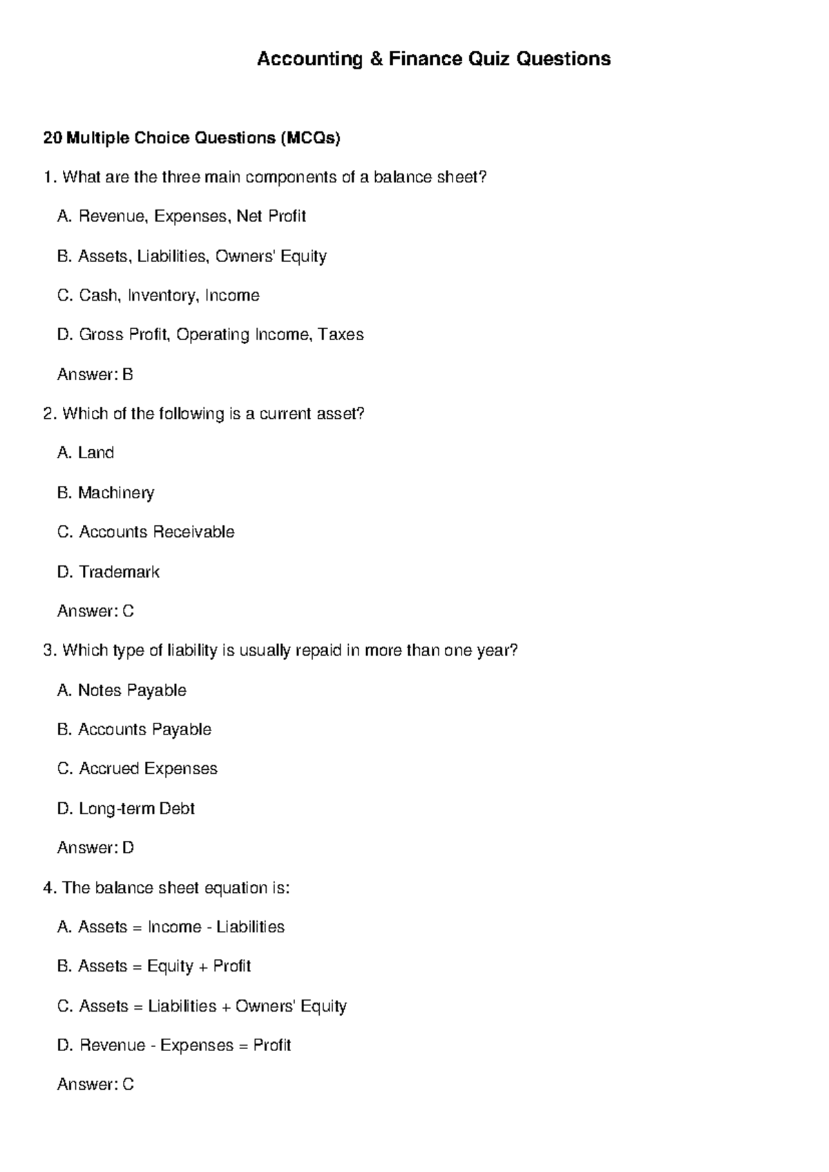 Accounting Finance Quiz (AF101): 20 MCQs on Balance Sheets & Statements ...