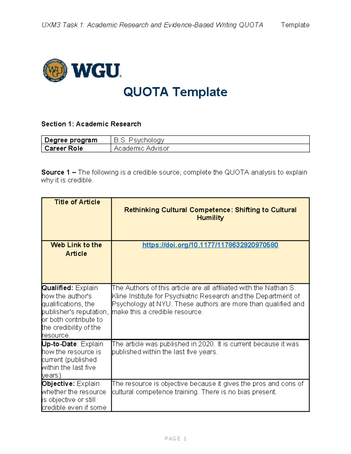 D389 Task 1: QUOTA Analysis for Academic Research in Psychology - Studocu