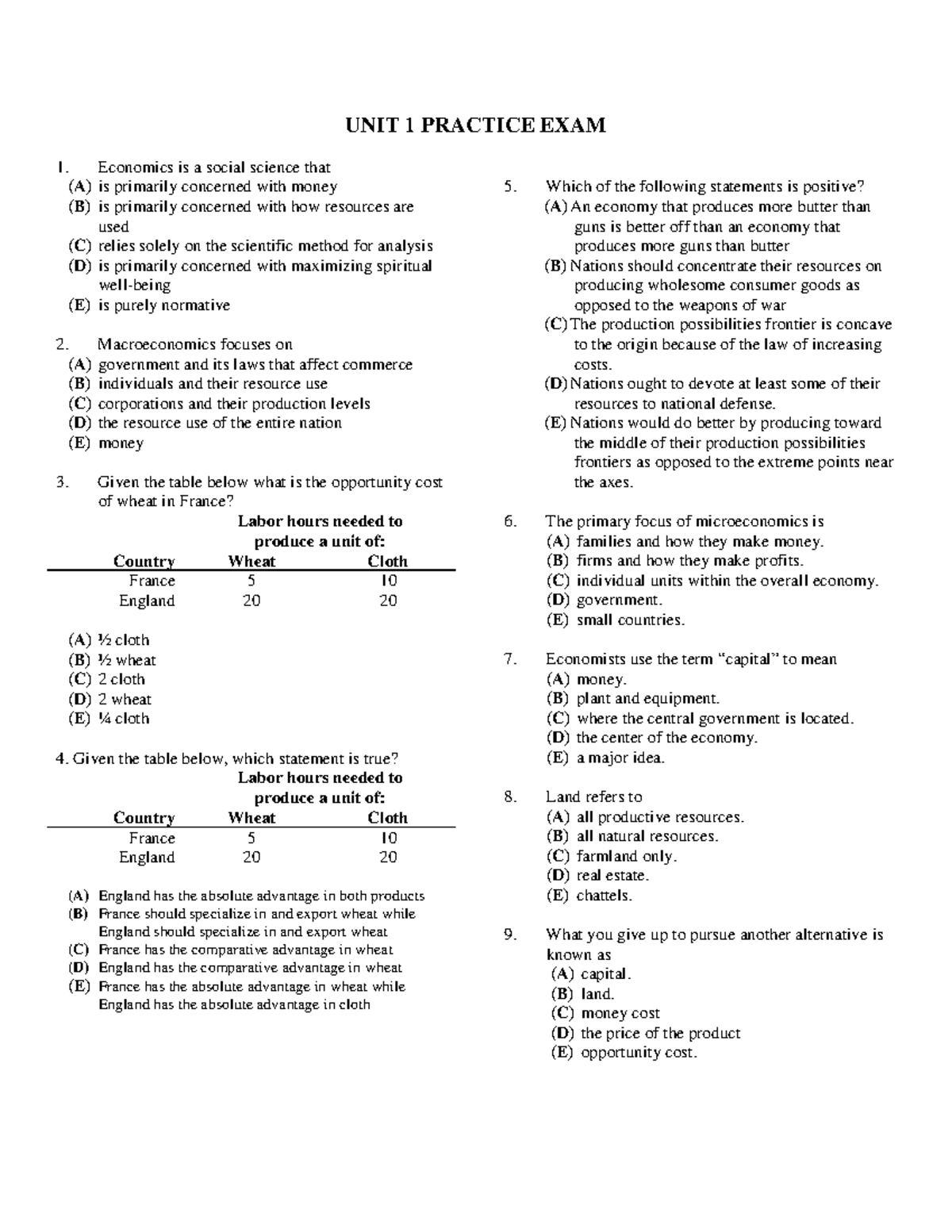 U1practexam - unit one - UNIT 1 PRACTICE EXAM Economics is a social ...