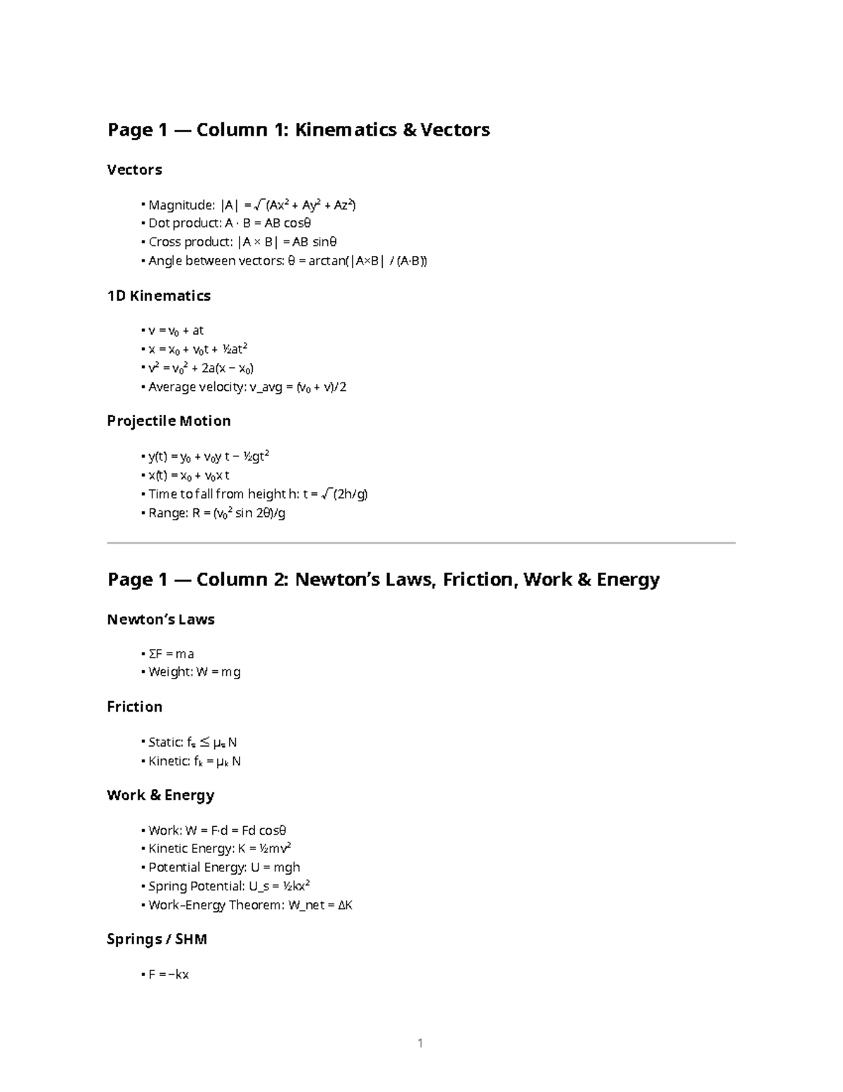 Physics Formula Sheet: Kinematics, Energy, and Gravitation - Studocu