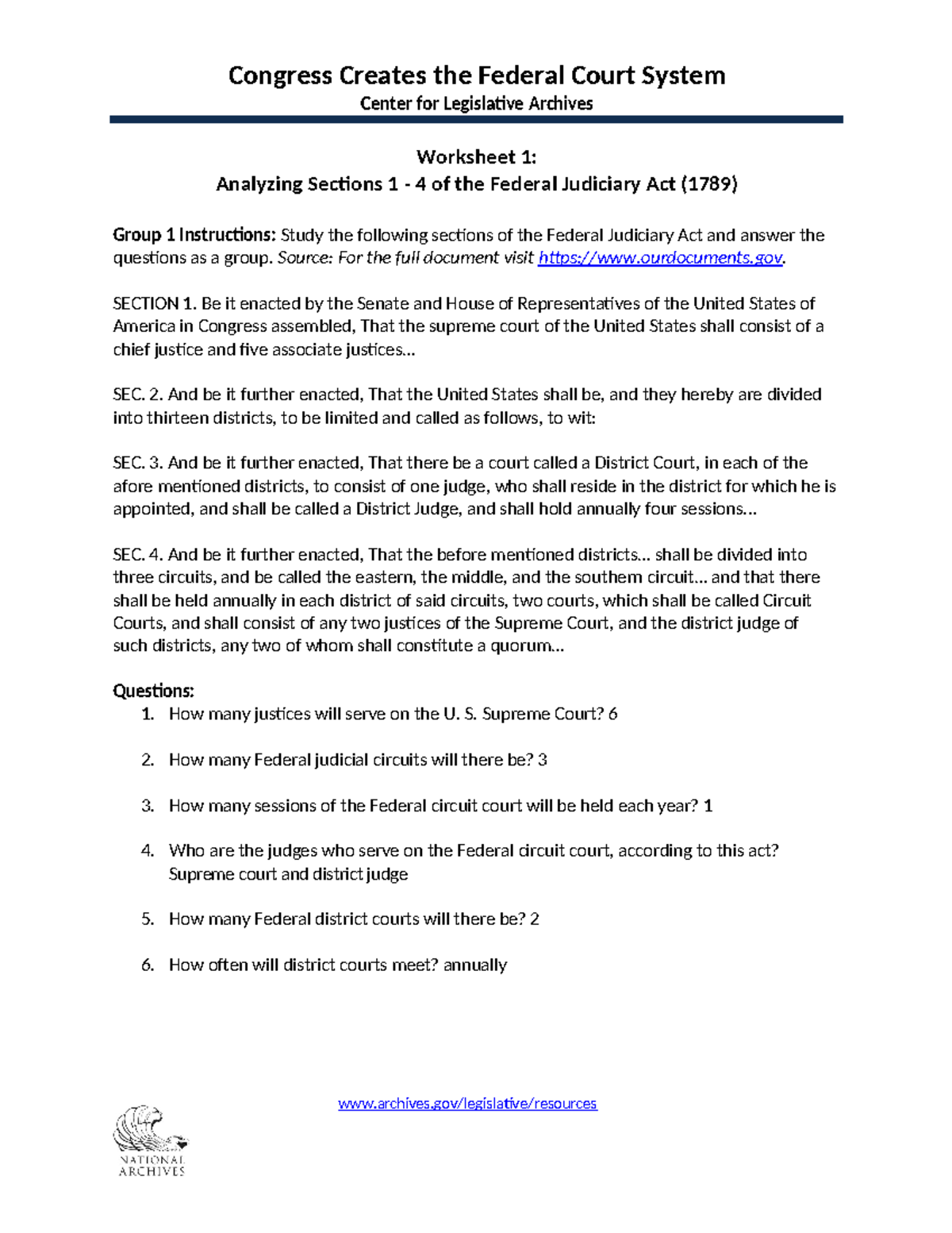 Federal Court System Worksheets - Analyzing the Judiciary Act (1789 ...