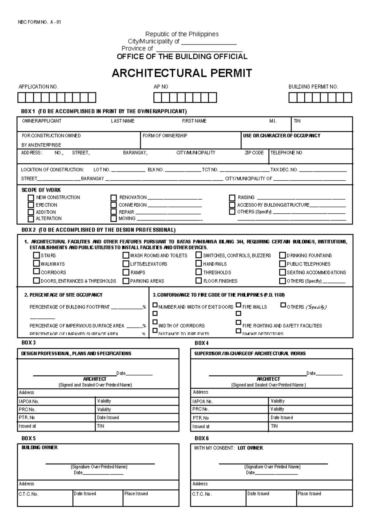 Architectural Permit Application - NBC Form A-01 - Studocu