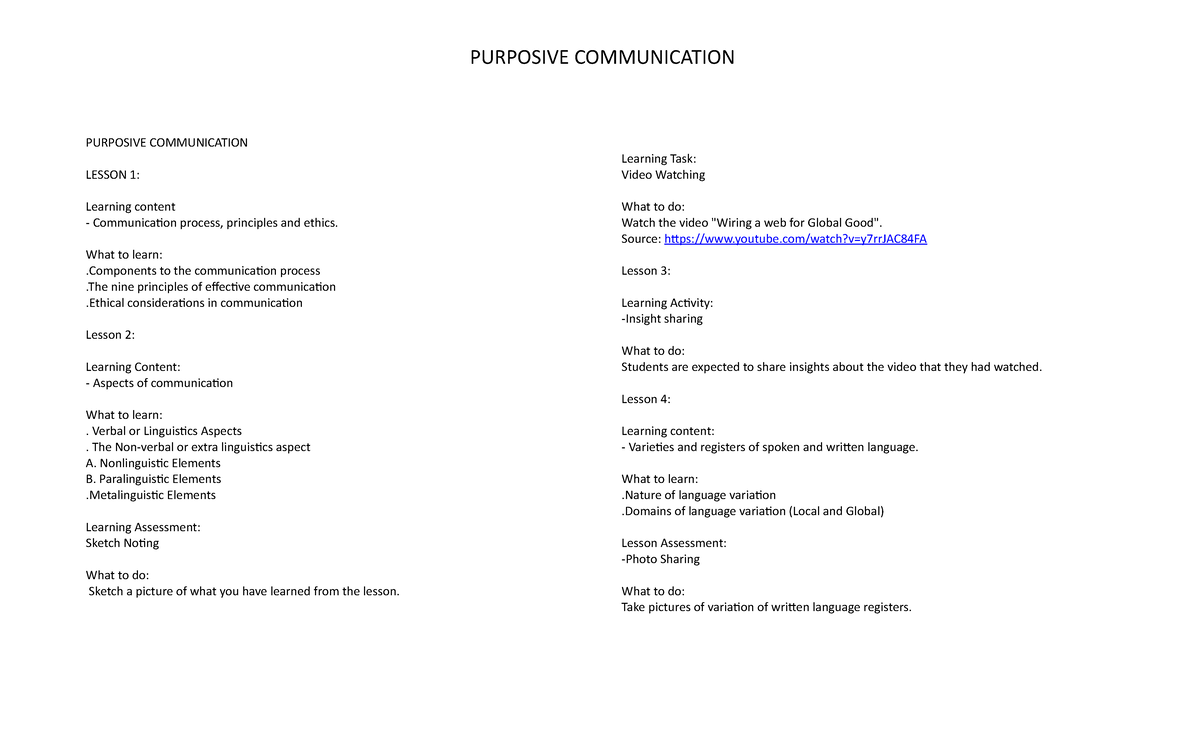 Purposive Communication Introduction - PURPOSIVE COMMUNICATION PURPOSIVE COMMUNICATION LESSON 1 ...