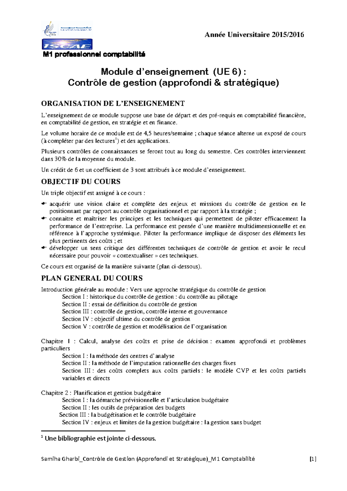 M1 Comptabilité : Contrôle de Gestion Approfondi - Plan de Cours - Studocu