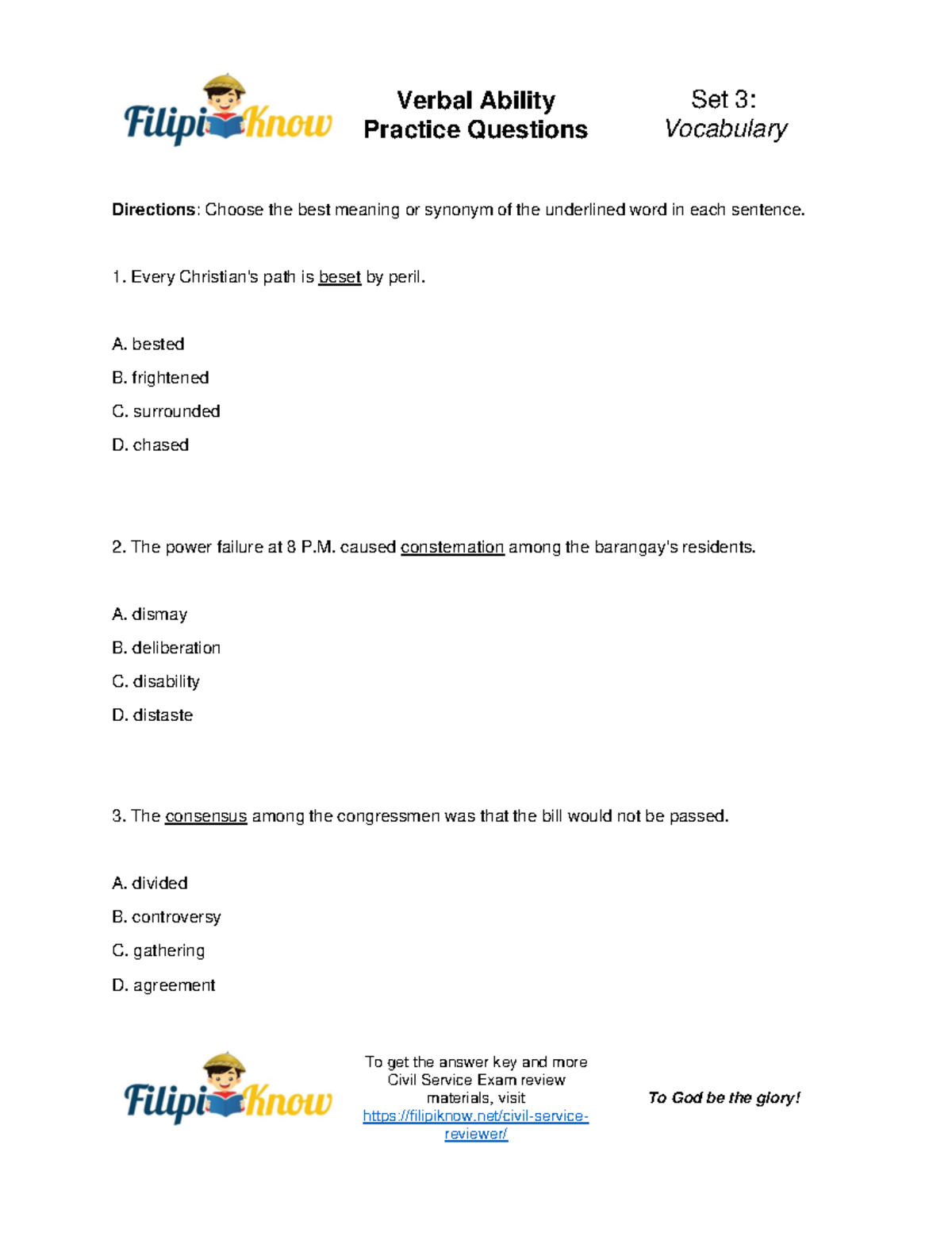 Civil Service Exam Verbal Ability Practice Questions Set 3 - Studocu